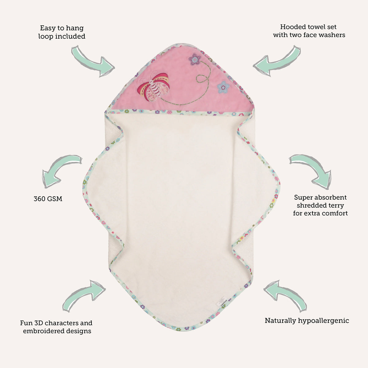 Abracadabra Hooded Towel with Two Face Washers Papillon
